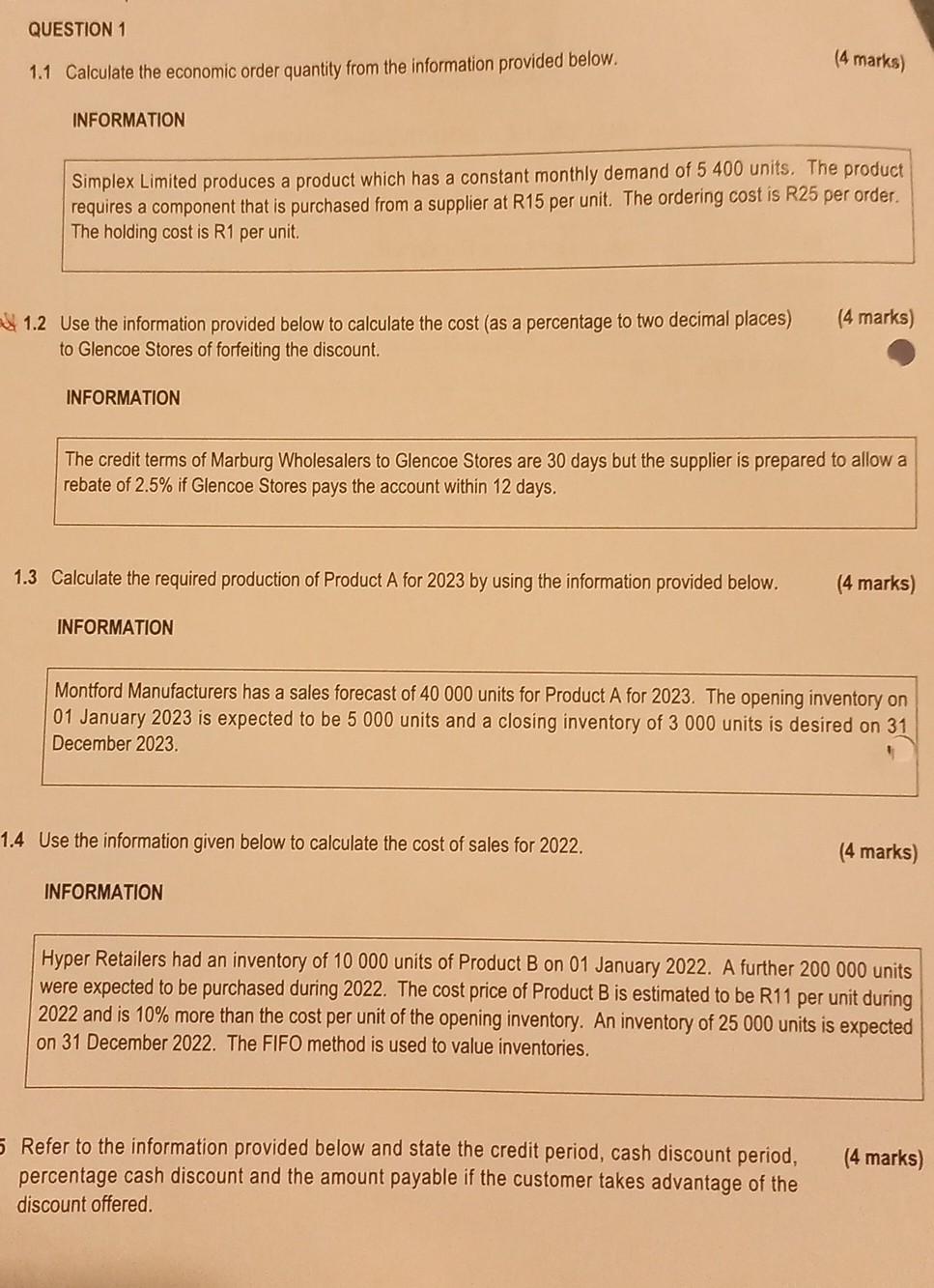 Solved QUESTION 1 1.1 Calculate the economic order quantity | Chegg.com