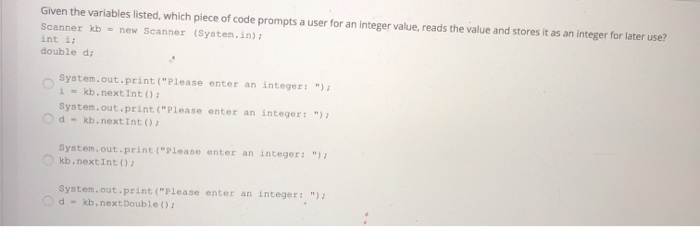 Solved Given the variables listed, which piece of code | Chegg.com