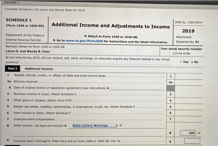 Solved Instructions Form 1040 Schedule 1 2019 Tax Rate | Chegg.com