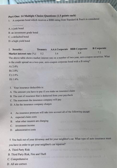 Solved Part One: 14 Multiple Choice Questions (1.5 points | Chegg.com