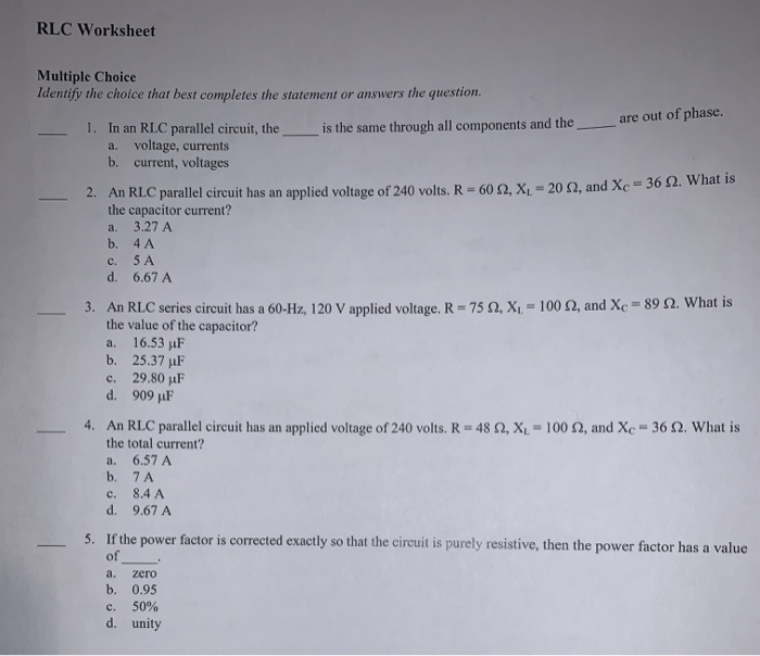 Solved RLC Worksheet Multiple Choice Identify the choice | Chegg.com