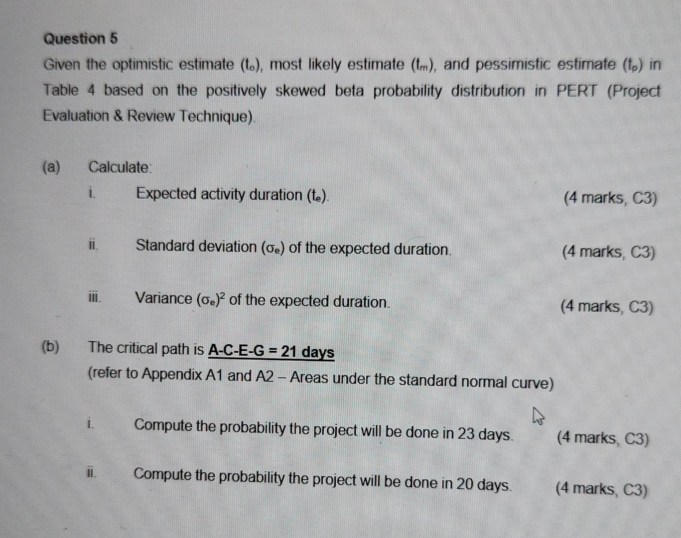 Solved Question 5 Given the optimistic estimate (to), most | Chegg.com