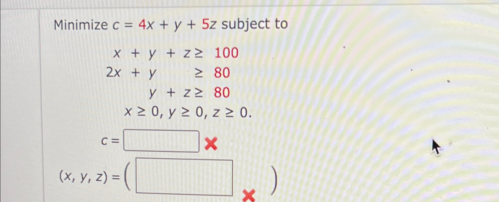 Solved Minimize c=4x+y+5z ﻿subject | Chegg.com
