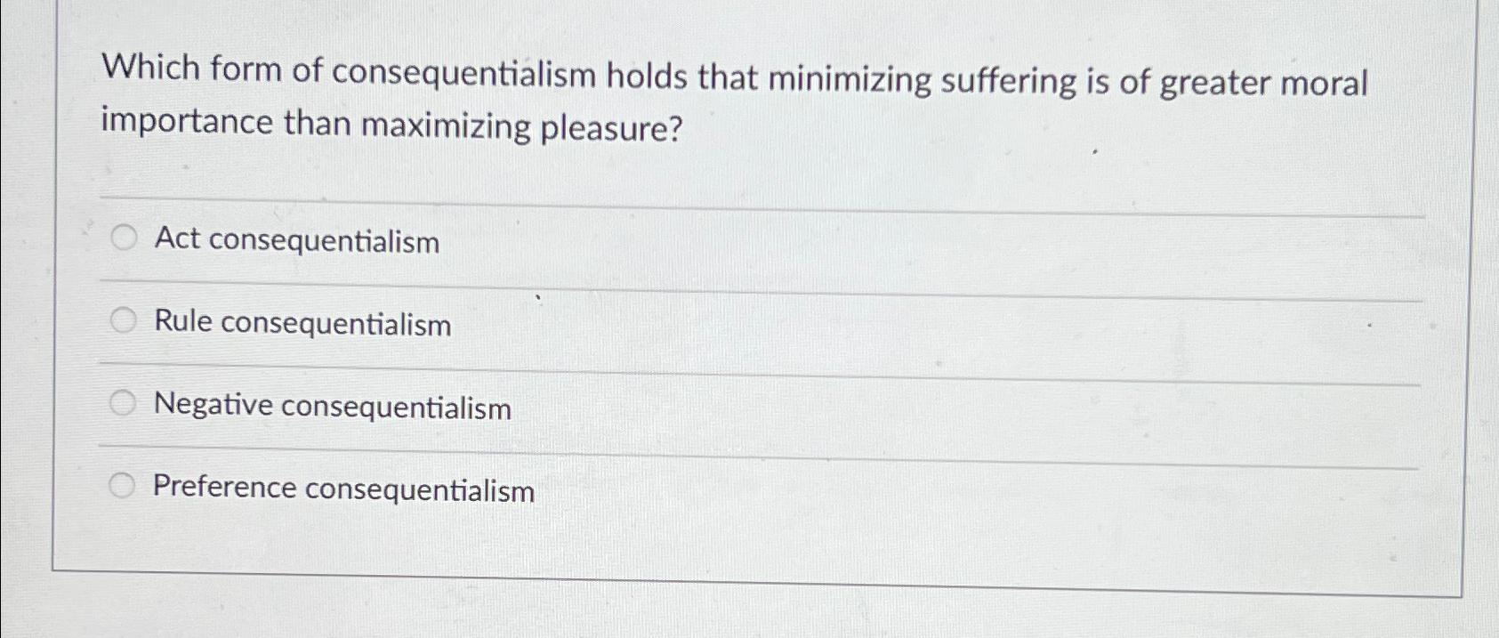 Solved Which form of consequentialism holds that minimizing | Chegg.com
