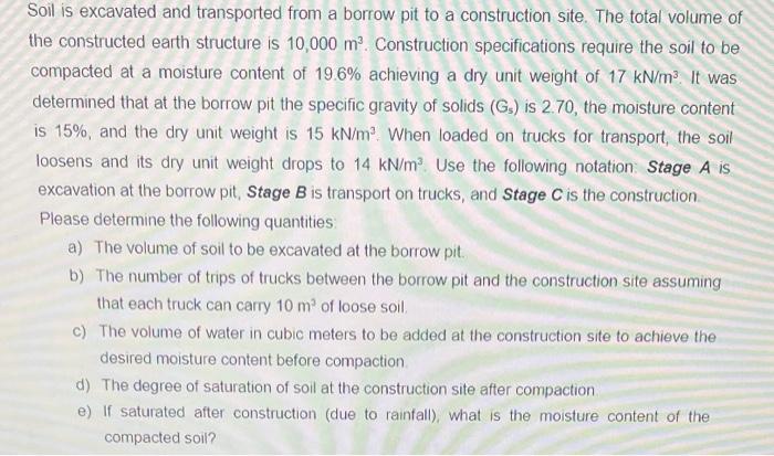 Solved Soil is excavated and transported from a borrow pit | Chegg.com