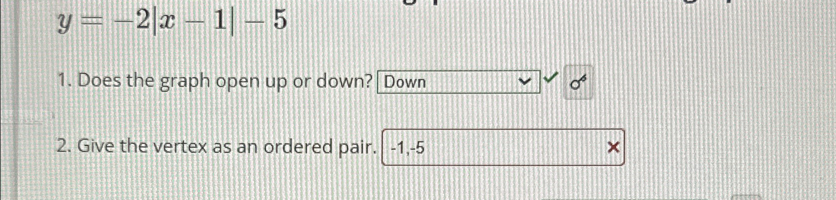 Solved y=-2|x-1|-5Does the graph open up or down?Give the | Chegg.com
