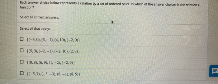 Solved Each answer choice below represents a relation by a | Chegg.com
