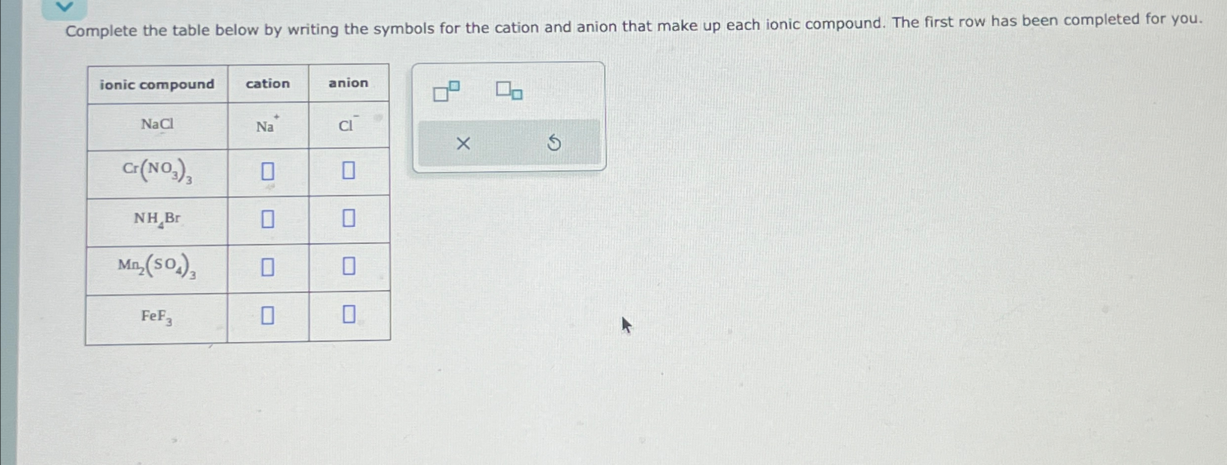 Solved Complete the table below by writing the symbols for | Chegg.com