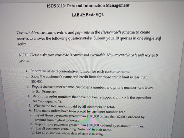 ISDS 3110: Data and Information Management LAB #2: | Chegg.com