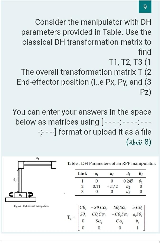 Solved 9 Consider the manipulator with DH parameters | Chegg.com