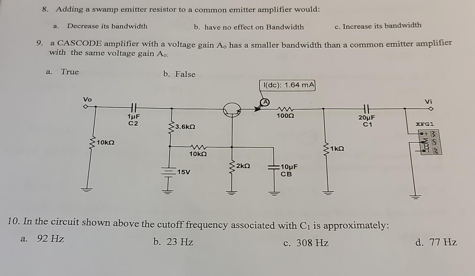 Solved 8. Adding a swamp emitter resistor to a common | Chegg.com