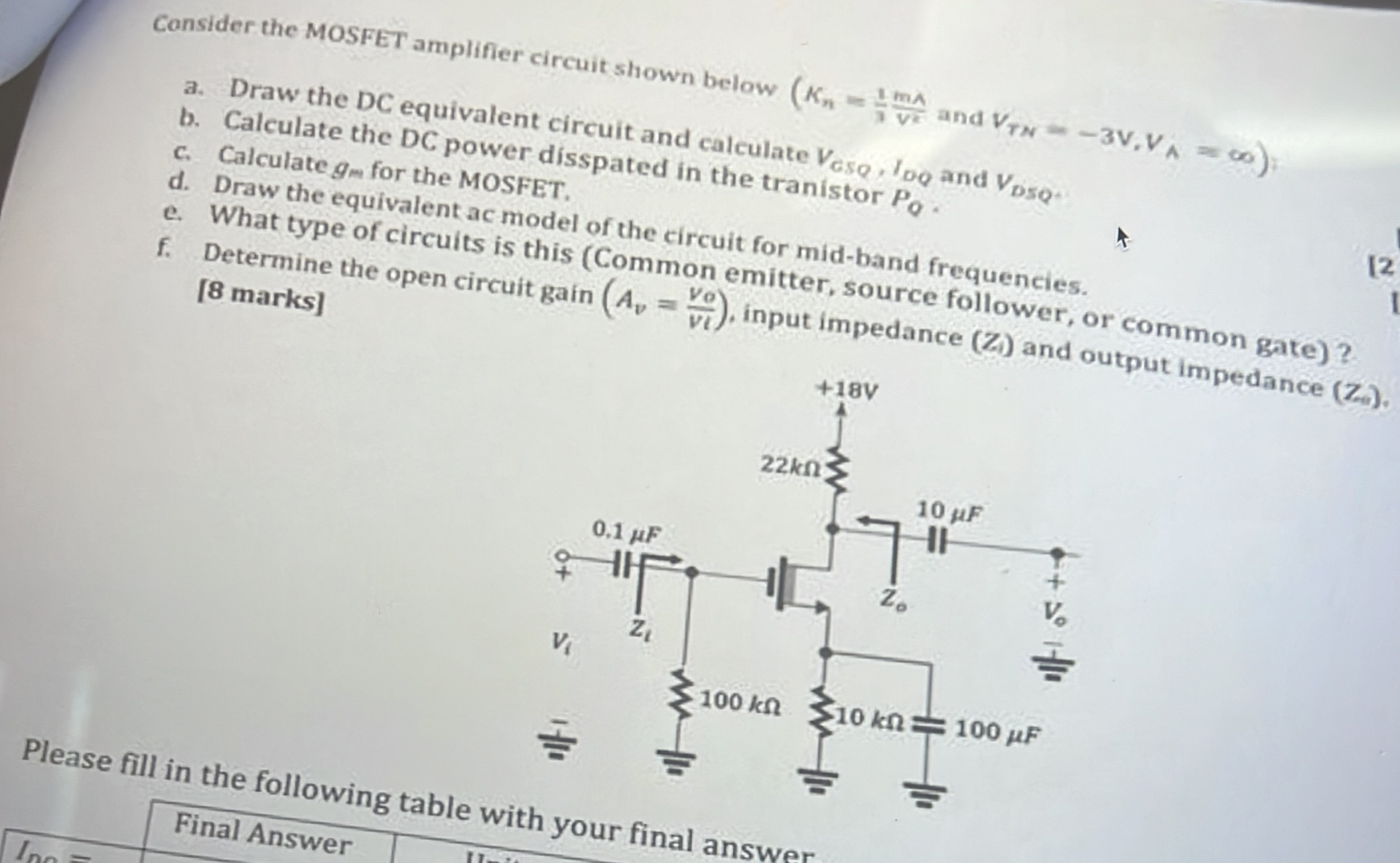 Solved Consider the MOSFET amplifier circuit shown below | Chegg.com