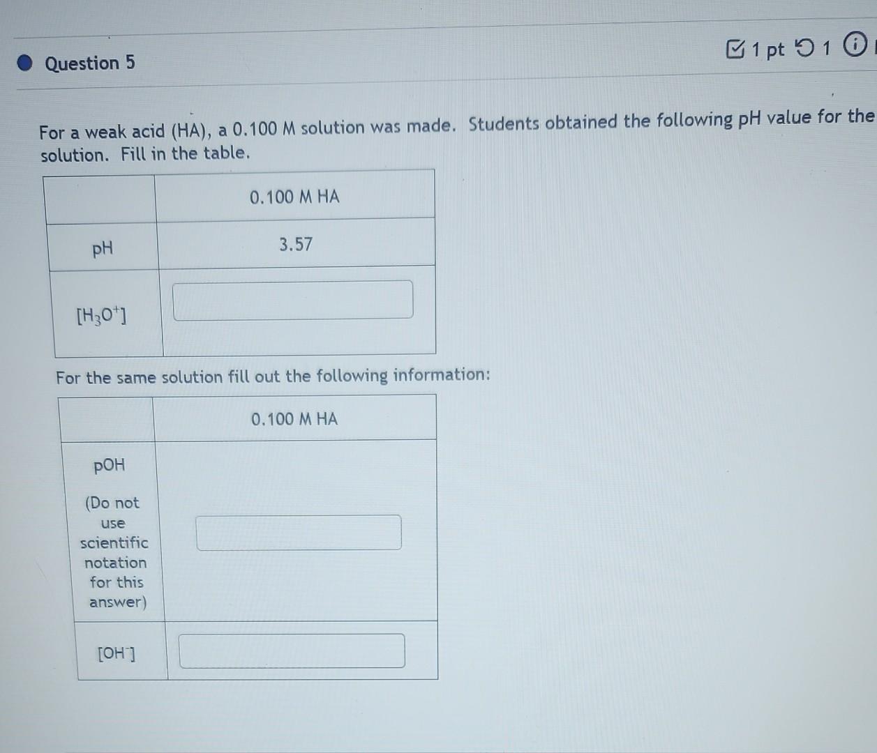 Solved Question 5 For a weak acid (HA), a 0.100M solution | Chegg.com