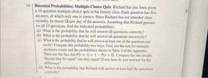Solved Binomial Probabilities: Multiple-Choice Quiz Richard | Chegg.com