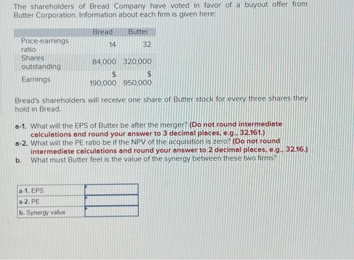 The shareholders of Bread Company have voted in favor | Chegg.com