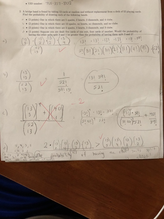 Solved • UID number: 705-357-802 2. A bridge hand is found | Chegg.com