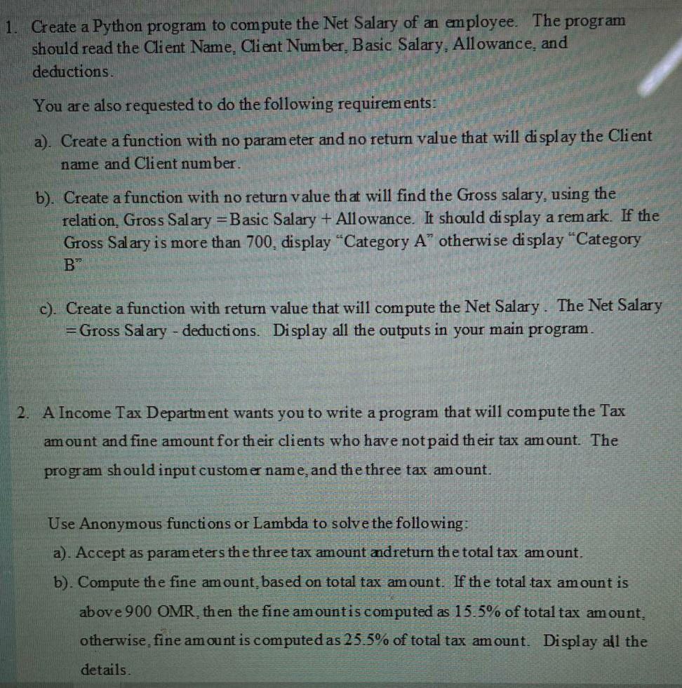 Solved 1. Create a Python program to compute the Net Salary | Chegg.com