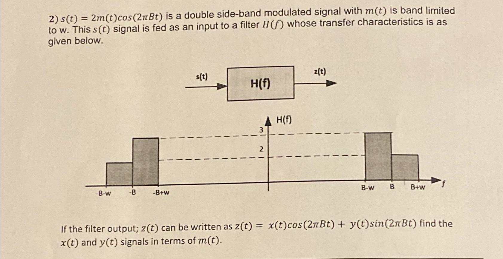 Solved s(t)=2m(t)cos(2πBt) ﻿is a double side-band modulated | Chegg.com