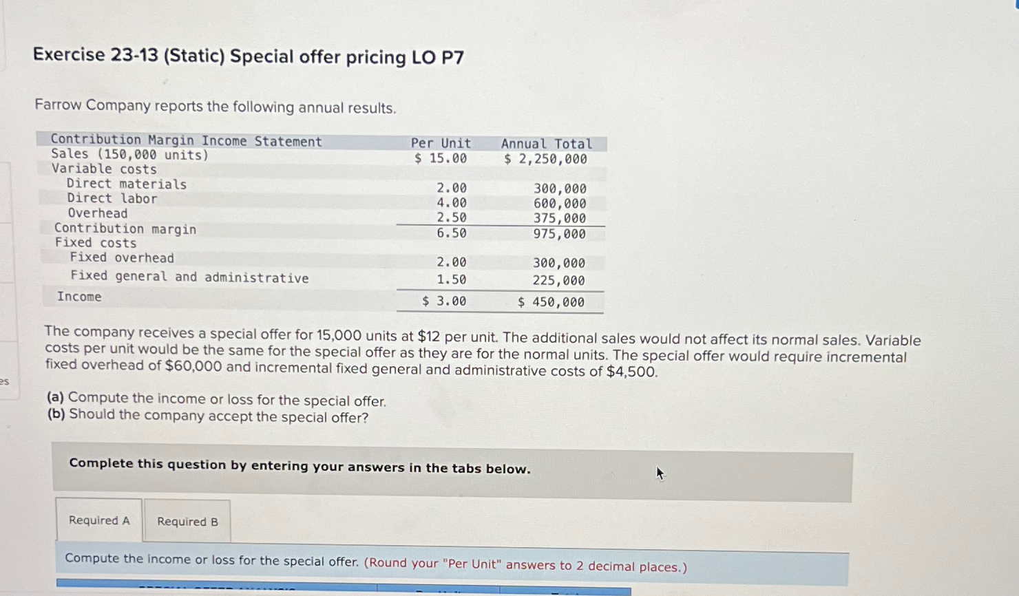 Solved Exercise 23-13 (Static) ﻿Special offer pricing LO | Chegg.com