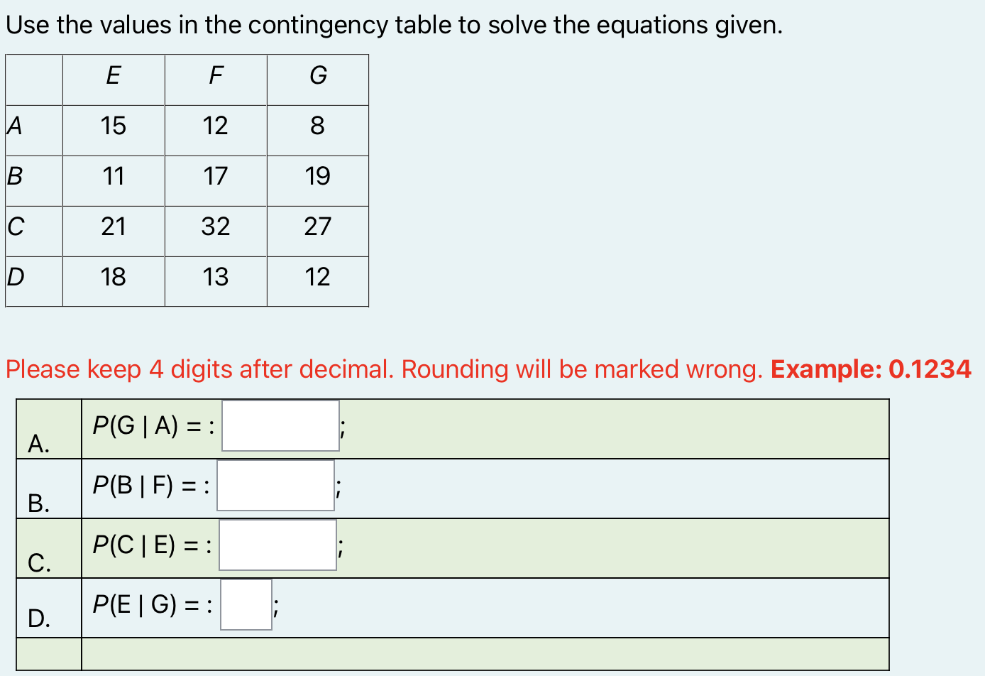 Solved Use the values in the contingency table to solve the | Chegg.com