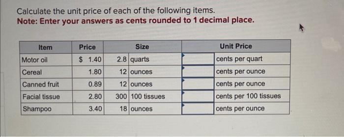 Solved Calculate the unit price of each of the following | Chegg.com