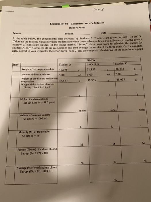Solved Lab 8 Experiments - Concentration of a Solution | Chegg.com