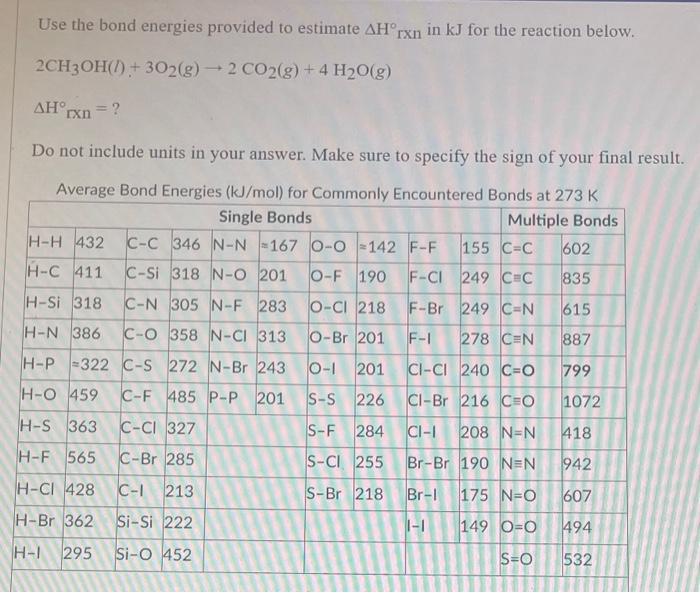 Solved Use the bond energies provided to estimate ΔH∘ rxn in | Chegg.com