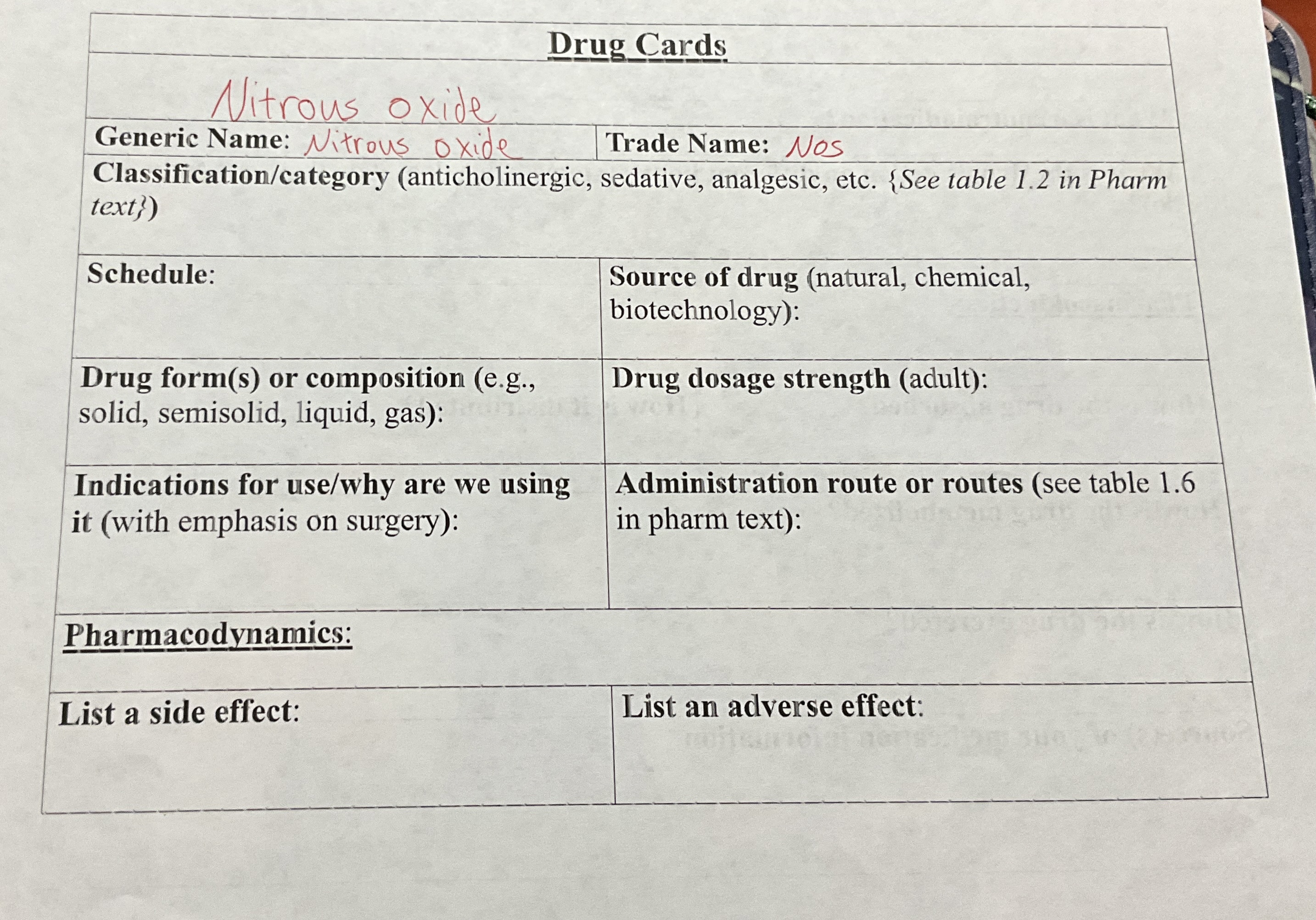 Solved by an EXPERT \table[[Drug Cards],[Nitrous oxide,],[\table ...