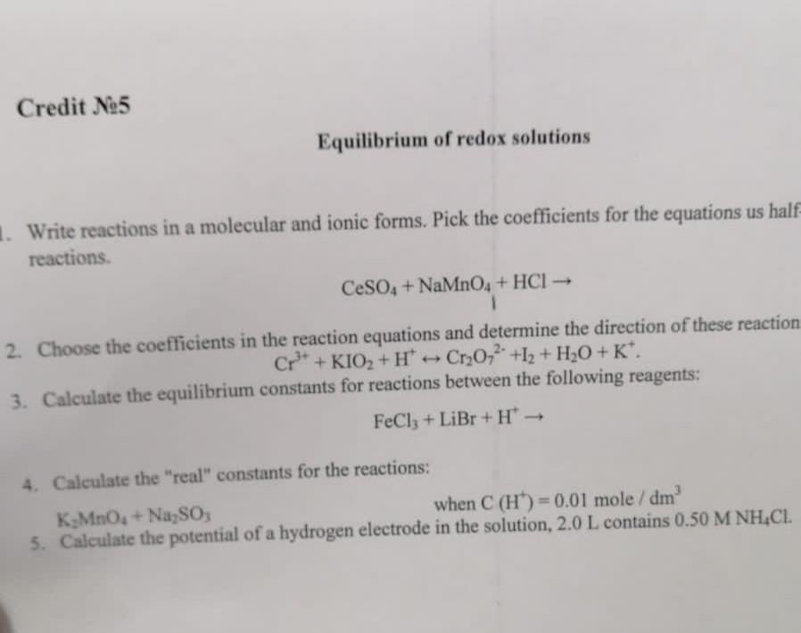 Solved Credit N5 Equilibrium of redox solutions 1. Write | Chegg.com