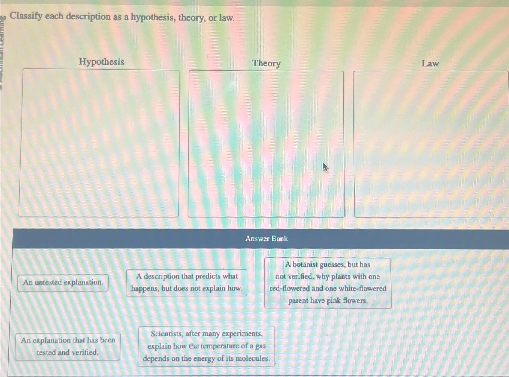 Solved Classify each description as a hypothesis, theory, or | Chegg.com