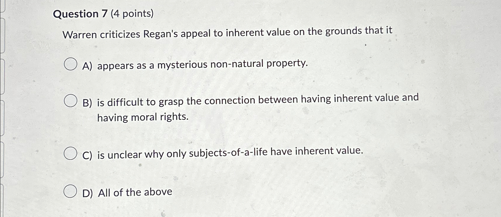 Solved Question 7 (4 ﻿points)Warren criticizes Regan's | Chegg.com