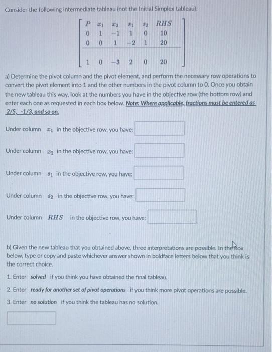 Solved Consider the following intermediate tableau (not the | Chegg.com
