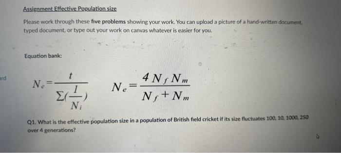 Solved Assignment Effective Population size Please work | Chegg.com