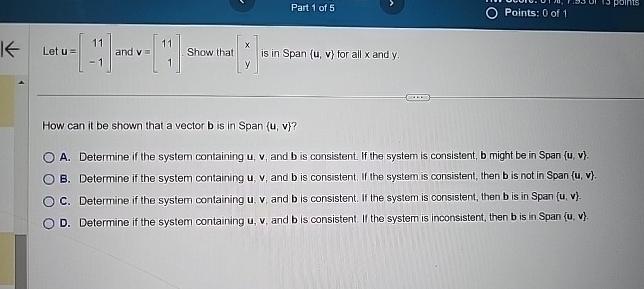 Solved Part 1 ﻿of 5Points: 0 ﻿of 1Let u=[11-1] ﻿and v=[111]. | Chegg.com
