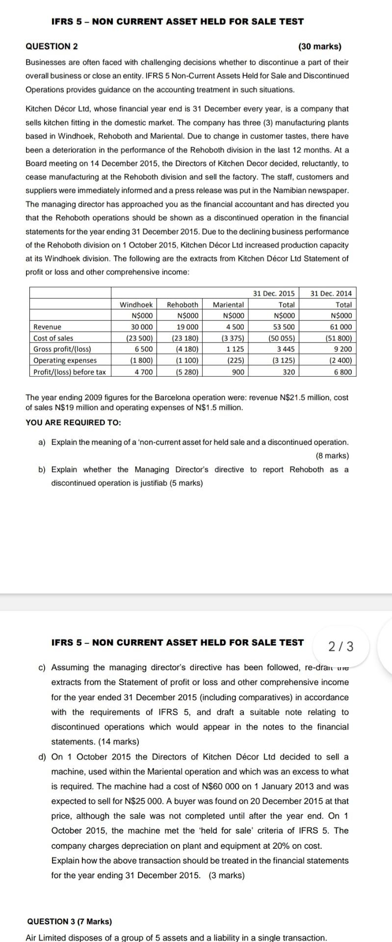 IFRS 5 - NON CURRENT ASSET HELD FOR SALE TEST | Chegg.com
