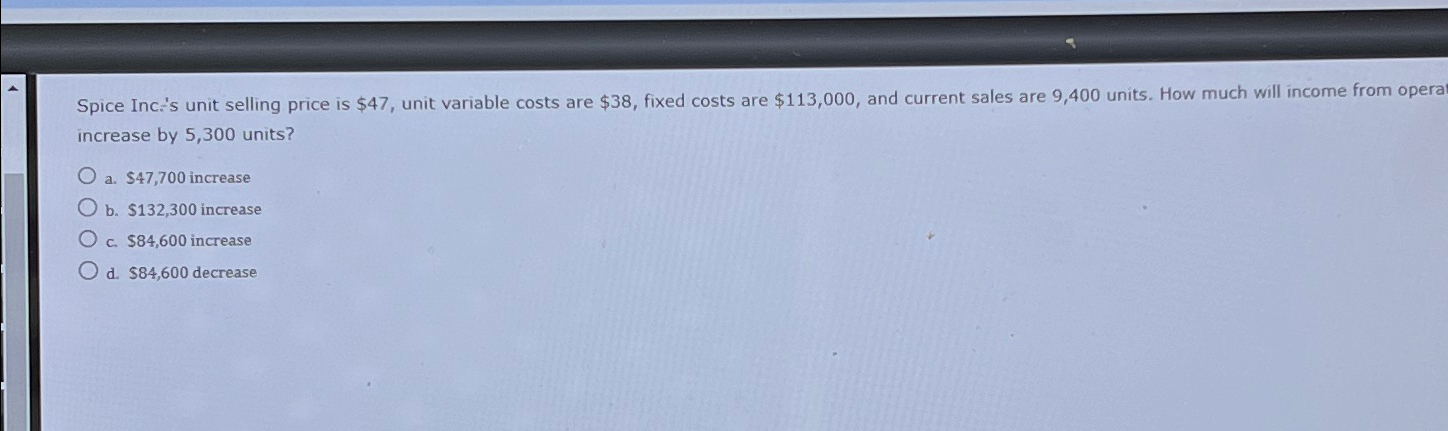 Solved Spice Inc.'s unit selling price is $47, ﻿unit | Chegg.com