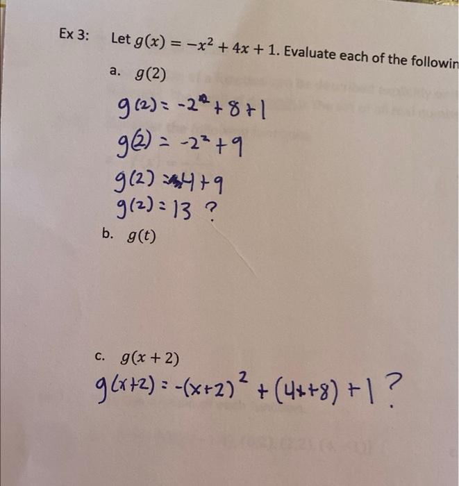 Solved Ex 3: Let g(x) = -x2 + 4x + 1. Evaluate each of the | Chegg.com