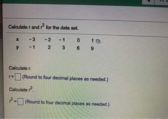 Solved Calculate r and 2 for the data set. X 3 -2 0 у 1 2 3 | Chegg.com