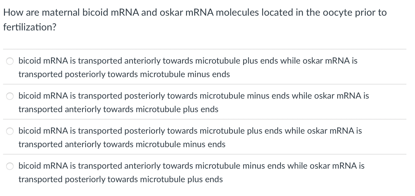 Solved How are maternal bicoid mRNA and oskar mRNA molecules | Chegg.com