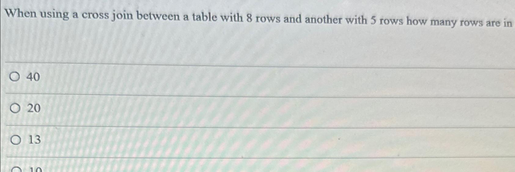 Solved When using a cross join between a table with 8 ﻿rows | Chegg.com