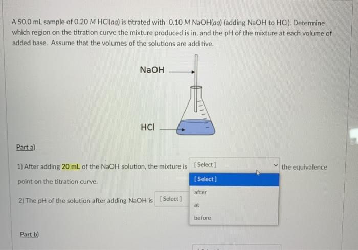 Solved A 50.0 mL sample of 0.20 M HCl(aq) is titrated with | Chegg.com