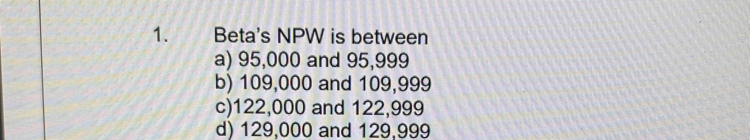 Solved Beta's NPW is betweena) 95,000 ﻿and 95,999b) 109,000 | Chegg.com