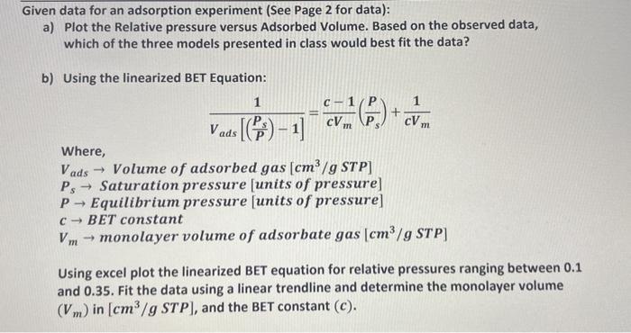 Solved Given data for an adsorption experiment (See Page 2 | Chegg.com