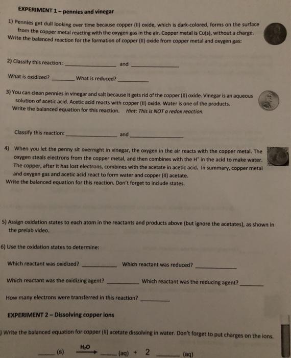 Solved EXPERIMENT 1-pennies and vinegar e copper (II) oxide, | Chegg.com