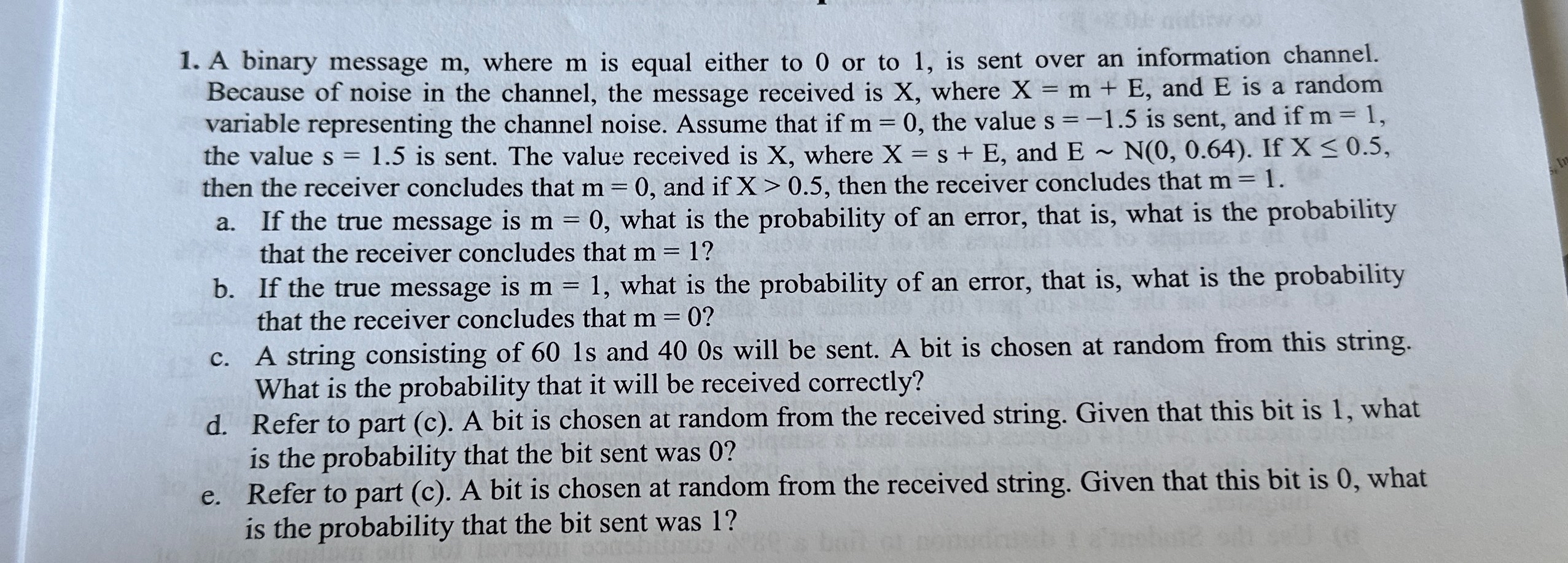 Solved A binary message m, ﻿where m ﻿is equal either to 0 | Chegg.com
