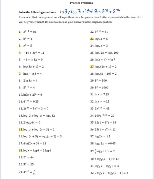 Solved Practice Problems Solve the following equations: | Chegg.com
