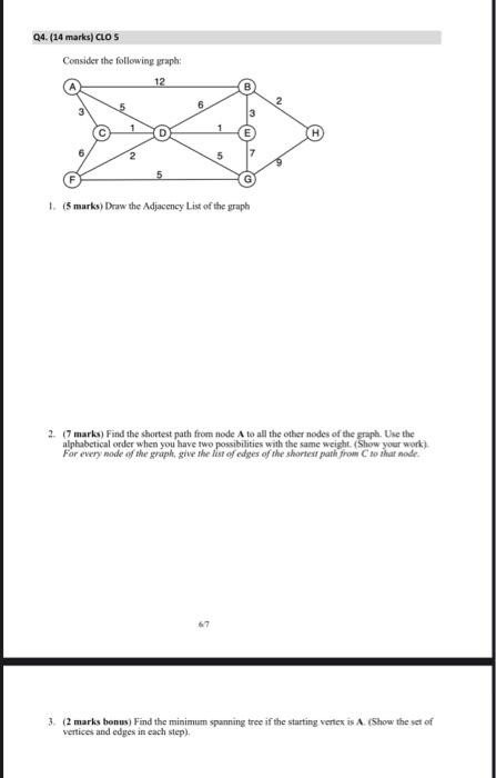 Solved Consider the follorving graph: 1. (5 maarks) Draw the | Chegg.com
