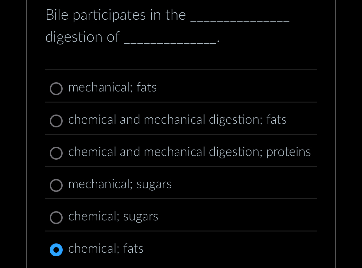 Solved Bile participates in the q, ﻿digestion of | Chegg.com