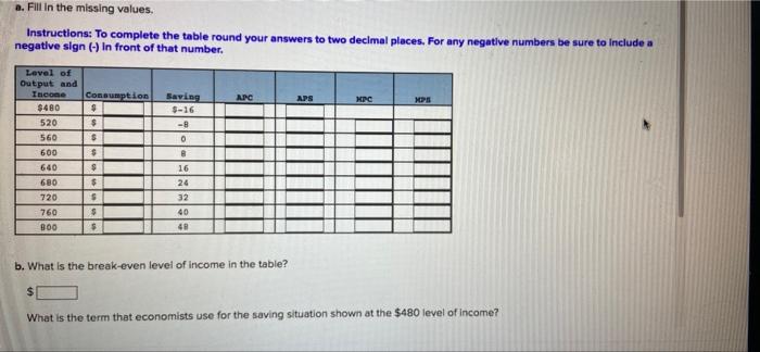 Solved a. Fill in the missing values. Instructions: To | Chegg.com