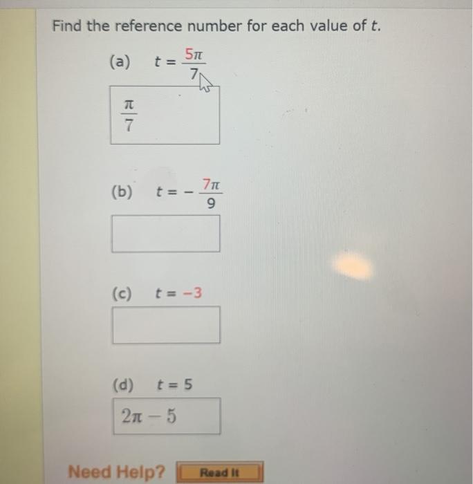 Solved Find the reference number for each value of t. (a) t | Chegg.com